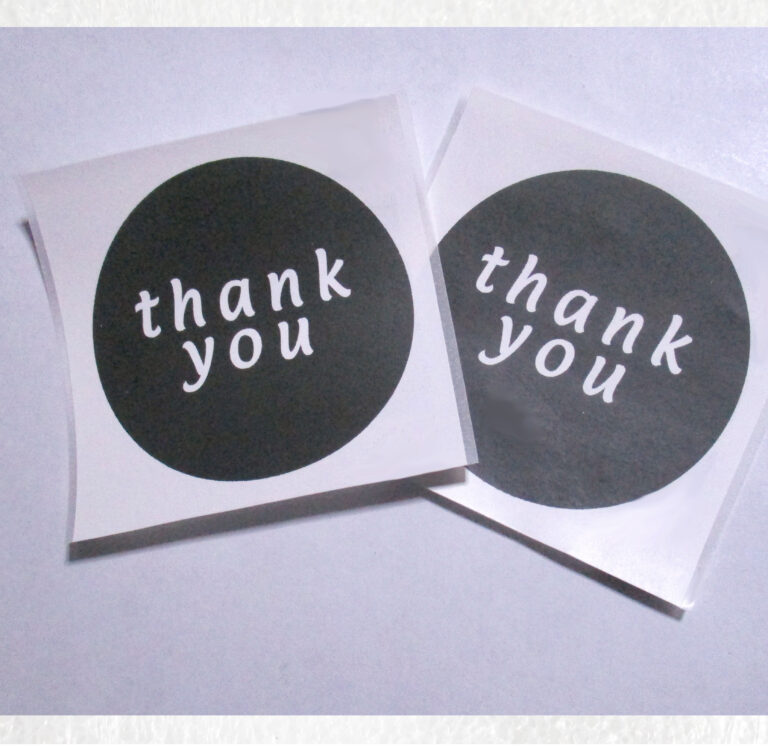 Sticker Decal 61x61mm B/W ‘thank you’ Qty 10, 20, 50 or 100 – Lycawi